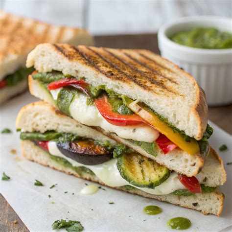 Delicious Grilled Veggie Panini With Pesto And Mozzarella Greens And