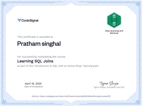 Course Certificate For Learning Sql Joins Pratham Singhal