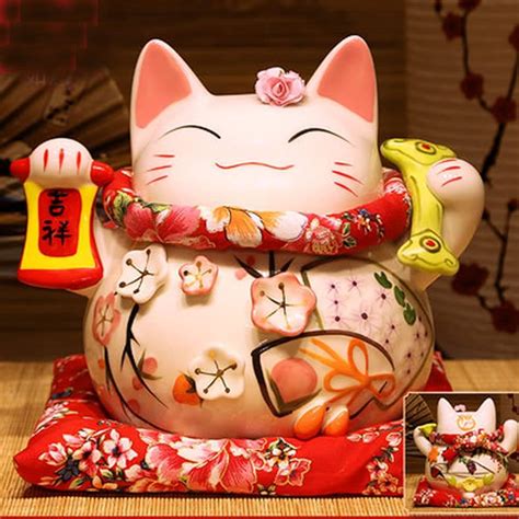 Lucky Cat Figurine Tongman 7 Inch Ceramic Lucky Fortune Cat Maneki
