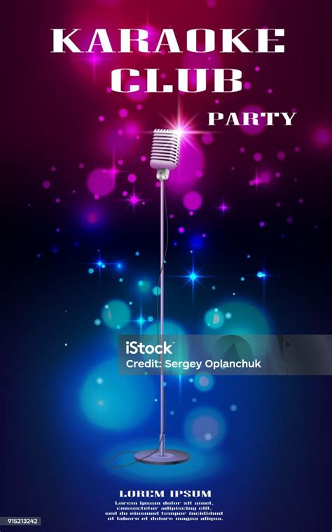 네온 복고풍 마이크와 부드러운 Bokeh 빛나는 플라이어 나이트 클럽 이나 노래방 파티에 대 한 효과 조명 배너 벡터 일러스트