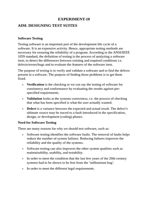 Experiment 10 Designing Test Suites Pdf Software Testing Unit Testing