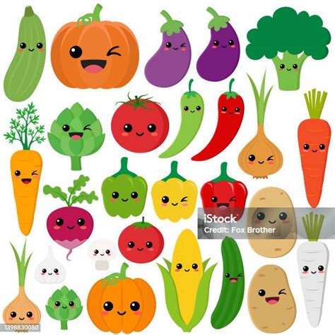 ชุดการ์ตูนตลกของผักที่แตกต่างกัน ผักคาวาอี้ ฟักทองยิ้ม แครอท มะเขือยาว พริกหยวก มะเขือเท