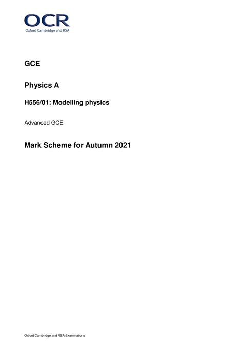Interchange GCE Physics A H Modelling Physics Advanced GCE Mark Scheme For Autumn