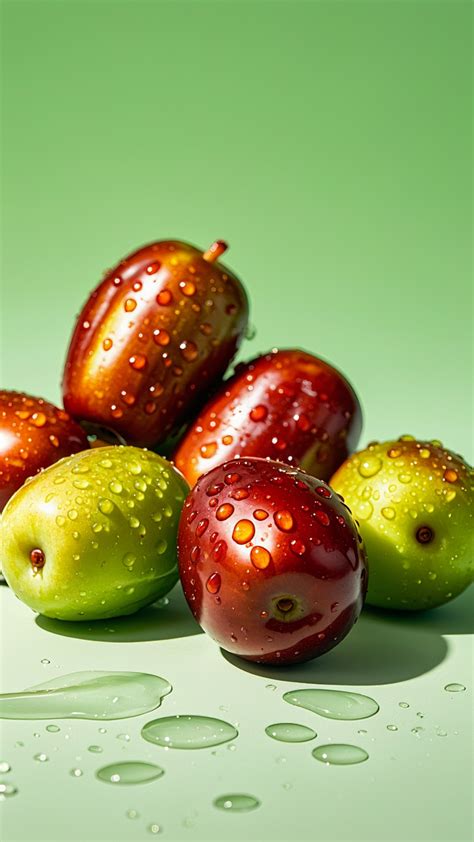 新鲜长枣，表面饱满圆润，青色，带一些红色，整颗，流体，水珠，气泡，纯色背景，静物摄影，海报，冲击力 19