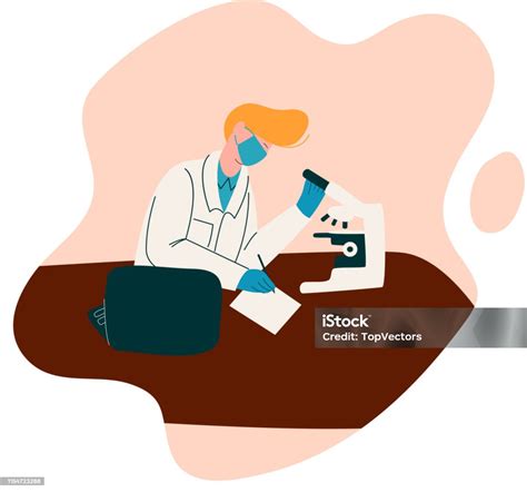 현미경 과학적 연구 개념 벡터 일러스트와 함께 실험실 연구에서 작업 하는 흰색 코트를 입고 남성 과학자 캐릭터 과학에 대한 스톡 벡터 아트 및 기타 이미지 Istock