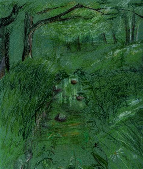 Иллюстрация Ручей в тенистом лесу в стиле живопись