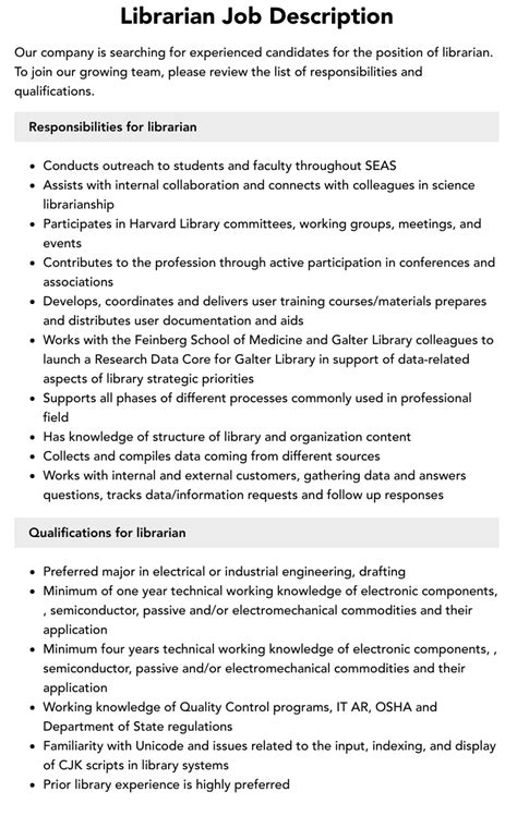Librarian Job Description Velvet Jobs