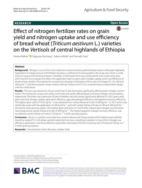 Pdf Effect Of Nitrogen Fertilizer Rates On Grain Yield And Nitrogen Uptake And Use Efficiency