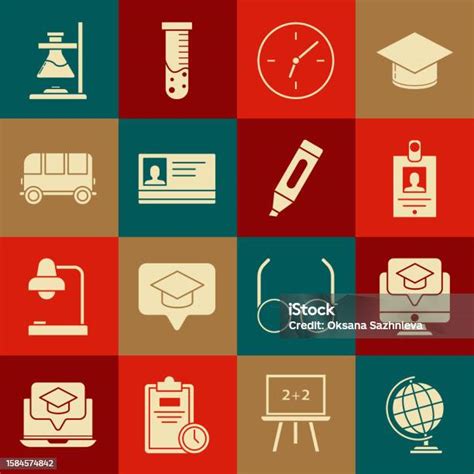 지구 지구본 눈금 모자 식별 배지 시계 스쿨 버스 유리 시험관 플라스크 화재 및 마커 펜 아이콘으로 모니터를 설정하십시오 벡터