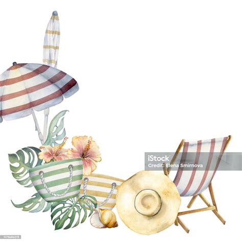 손으로 그린 수채화 비치 스트라이프 액세서리 가방 의자 우산 정사각형 테두리 프레임입니다 흰색 배경에 격리 디자인 벽 예술