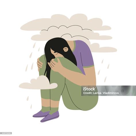 검은 머리를 한 슬픈 여자가 비구름에 둘러싸인 바닥에 몸을 구부린 채 앉아 있다 정신적 외상 우울증 슬픔 및 외로움 흰색 배경에 분리된 벡터 그림입니다 만화에 대한 스톡