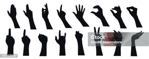 손의 제스처 실루엣 메가 세트 플랫 그래픽 디자인 인간의 팔 열린 손바닥 하트 모양 손가락 위로 평화 바위 무례한 표지판 주먹 등 다양한 표현의 수집 요소 벡터 일러스트