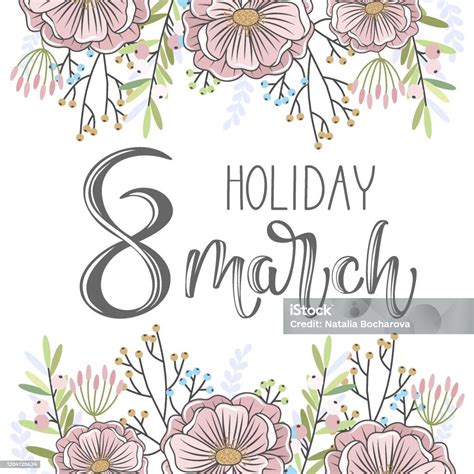 여성의 날 인사말 카드 손으로 그린 꽃 배경 8 3 월 여성 휴가를위한 문자 문자 메시지 레터링 디자인과 손으로 그리기 텍스처와 벡터 템플릿 카드 포스터 전단지를 위한