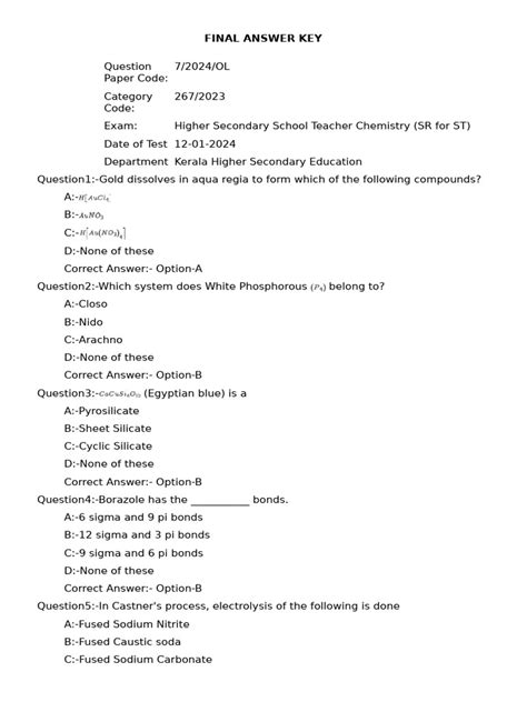 Final Answer Key Hsst Chemistry Pdf Chemical Bond Chemical Reactions