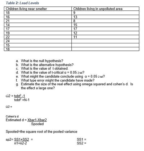 Solved Table 2 Lead Levels A What Is The Null Hypothesis