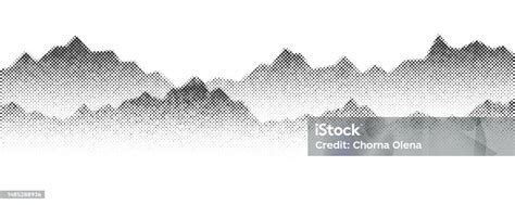 점선 산 그라데이션 배경 시끄러운 낟알 질감 모래 효과가 있는 봉우리가 있는 추상적인 바위 풍경 벡터 하프톤 페이드 그림 자연에 대한 스톡 벡터 아트 및 기타 이미지