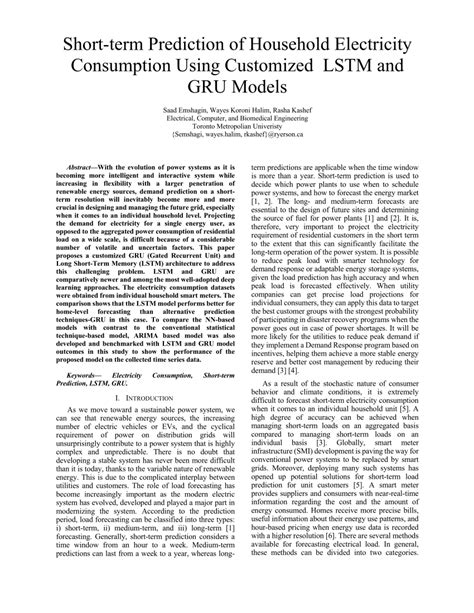 Pdf Short Term Prediction Of Household Electricity Consumption Using Customized Lstm And Gru