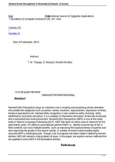 Pdf Named Entity Recognition In Biomedical Domain A Survey