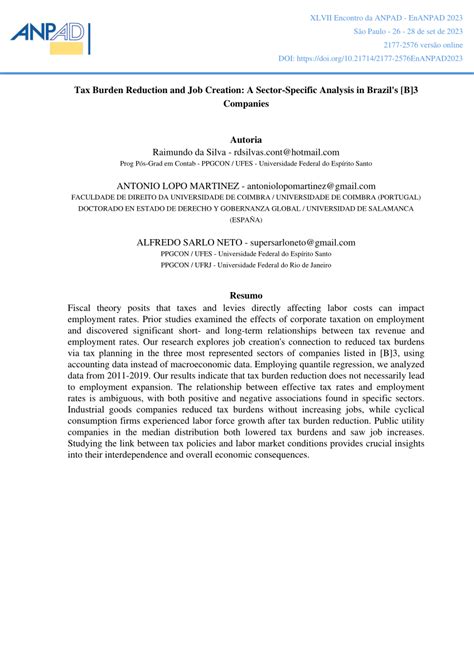 Pdf Tax Burden Reduction And Job Creation A Sector Specific Analysis In Brazils B 3 Companies
