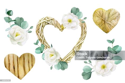 보헤미안 에코 스타일로 천연 소재의 하트가 세팅된 수채화 나뭇가지화환 하얀 장미 꽃과 유칼립투스 잎이 있는 나무 심장 클립 아트 빈티지 소박한 0명에 대한 스톡 벡터 아트