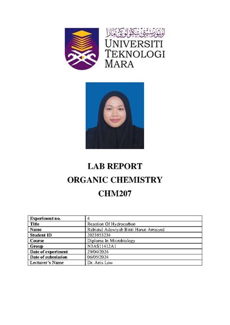 LAB Report 4 CHM207 LAB REPORT ORGANIC CHEMISTRY CHM Experiment No 4 Title Reaction Of Studocu