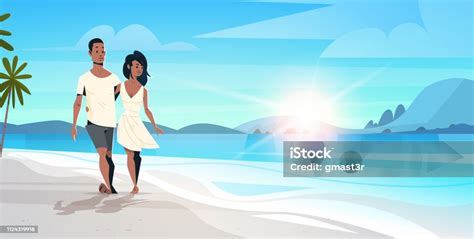 열 대 섬 바다 해변 일출 바다 여름 휴가 개념 프리 배경 전체 길이 가로에 수용 하는 남자가 여자를 사랑 하는 아프리카계 미국인 부부에 해변에 대한 스톡 벡터 아트 및