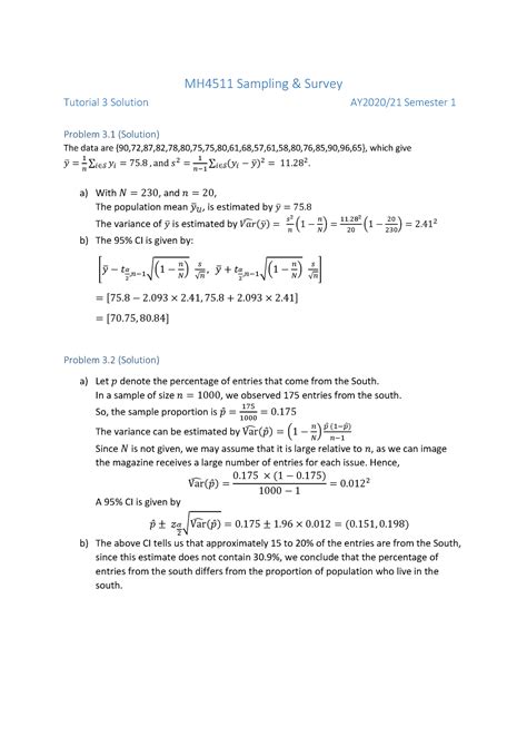 Tutorial 03 Solution Tut Mh451 1 Sampling And Survey Tutorial 3 Solution Ay2020 21 Semester 1