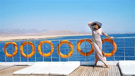 여름 바다 긴 드레스와 선글라스를 쓴 아름다운 젊은 갈색 머리 여자는 페리 배의 갑판에 서서 나머지 바다의 아름다움을 즐기고 있습니다 선상에는 많은 구명 부표가 걸려