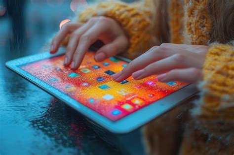 Woman Using Tablet In The Rain Premium Ai Generated Image