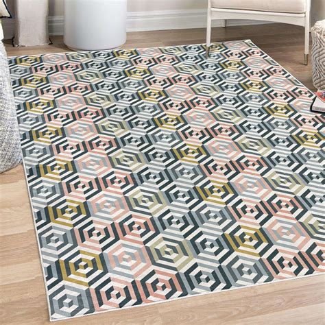 Geometric Decorative Rug Abstract Cubes Isometric Hexagonal Shaped Pattern Colorful Retro