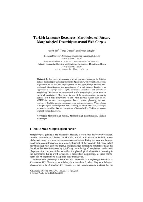 Pdf Turkish Language Resources Morphological Parser Morphological