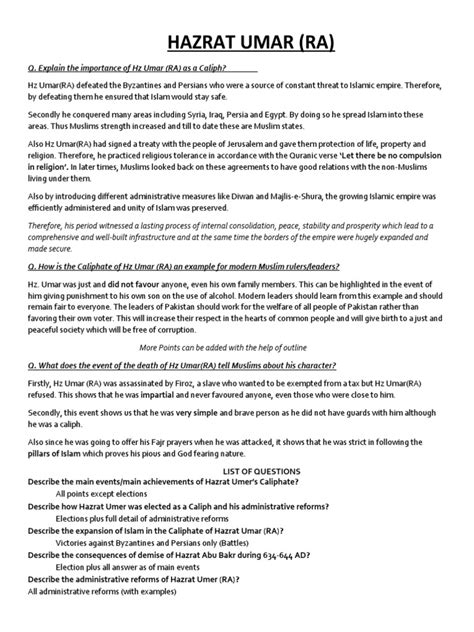 Hazrat Umar 4 Mark Question Caliphs Pdf Umar Caliphate
