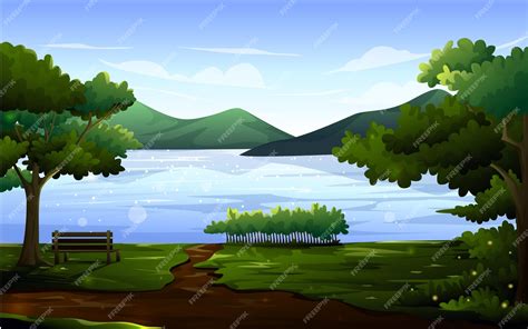 호수와 산 자연 경관 풍경 벡터 일러스트 레이 션 프리미엄 벡터