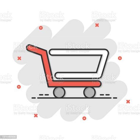 만화 스타일의 쇼핑 카트 아이콘 흰색 고립 된 배경에 트롤리 만화 벡터 일러스트레이션 바구니 스플래시 효과 비즈니스 컨셉 가방에