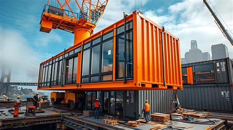 Modular Office Construction Workers Assembling Modular Office Unit Stacking Prefabricated