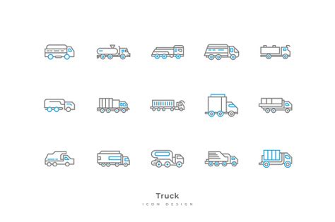트럭 아이콘은 라인 스타일의 다양한 모양으로 설정됩니다 유조선 트럭 밴 트레일러 등이 들어 있습니다 교통에 대한 스톡 벡터 아트