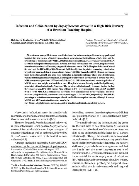Pdf Infection And Colonization By Staphylococcus Aureus In A High Risk Nursery Of A Brazilian