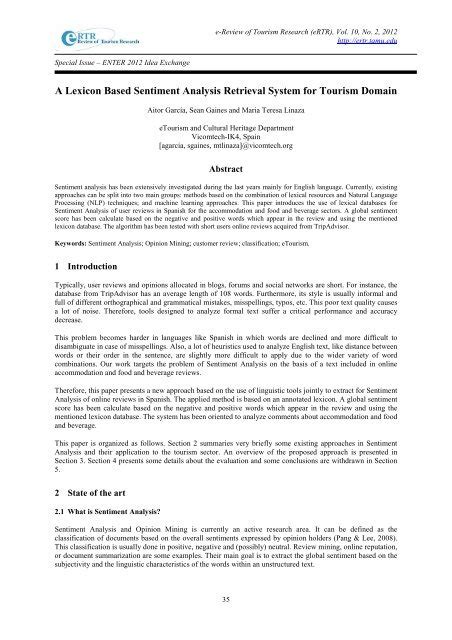 A Lexicon Based Sentiment Analysis Retrieval System For Tourism Domain