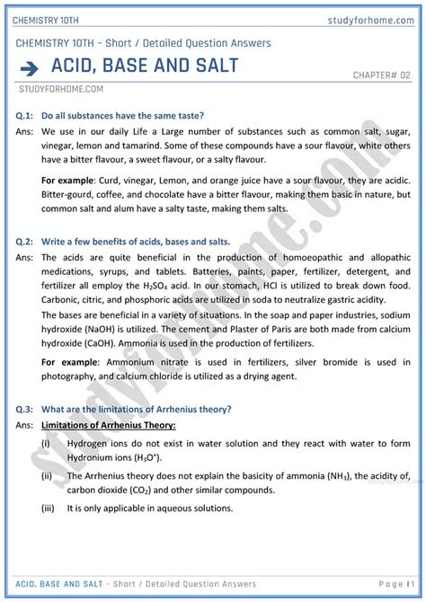 Acid Base And Salt Question Answers Chemistry 10th