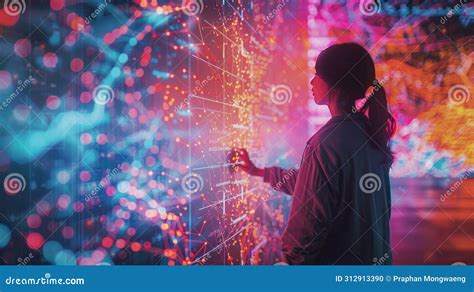 a woman explores a complex data visualization interface touching a