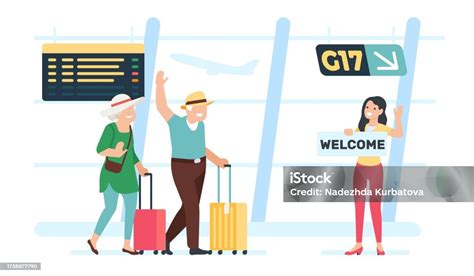 딸은 공항 도착 터미널에서 부모를 만난다 비행기 여행 행복한 노부부 짐을 가진 조부모 노인 가족 휴가 항공기 승객 벡터 개념 노인에 대한 스톡 벡터 아트 및 기타 이미지