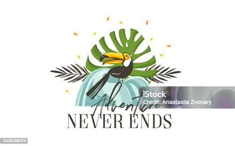 손으로 그린된 벡터 추상 만화 여름 시간 그래픽 일러스트 아트 템플릿 서명 배경 비치 Scne 모험 적 끝 인용 열 대 야 자 나뭇잎 큰부리새 조류와 현대 인쇄 술 0명에