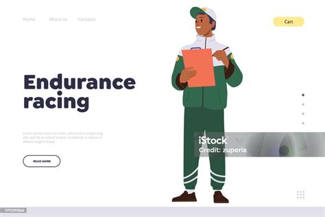 클립보드 디자인에서 메모를 하는 피트 스톱 작업자가 있는 지구력 경주 랜딩 페이지 템플릿 Championship에 대한 스톡 벡터 아트 및 기타 이미지
