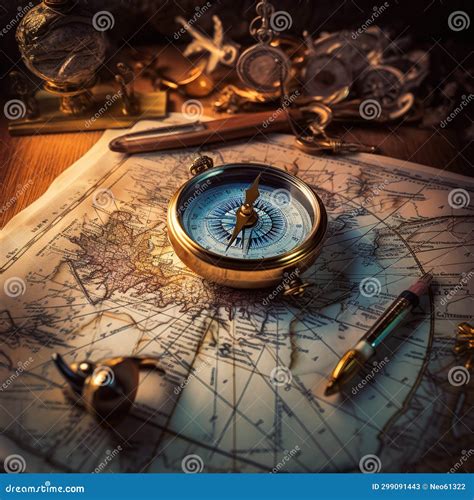 A Magnetic Compass Lies On A Weathered Map Generative Ai Stock