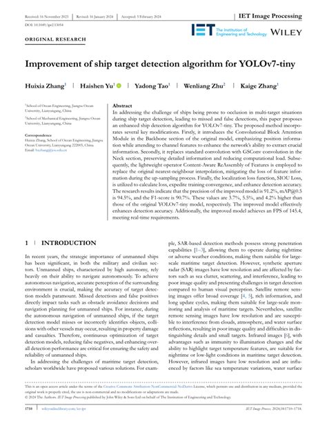 Pdf Improvement Of Ship Target Detection Algorithm For Yolov7‐tiny