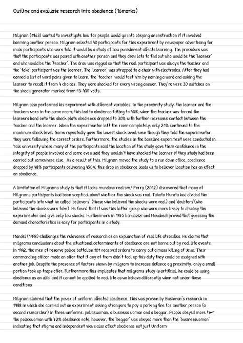 16 Marker Obedience Outline And Evaluate Research Into Obedience 16marks Milgram 1963