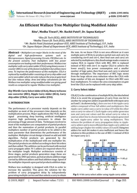 irjet an efficient wallace tree multiplier using modified adder deep