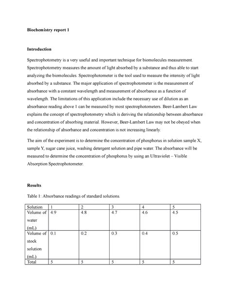 Biochem Lab Report 1 Biochemistry Report 1 Introduction Spectrophotometry Is A Very Useful And