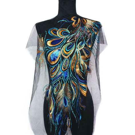 Красные синие блестки вышитые Феникс перо павлина черная сетка свадебное платье аппликация