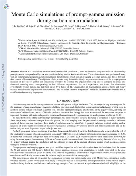 Pdf Monte Carlo Simulations Of Prompt Gamma Emission During Carbon